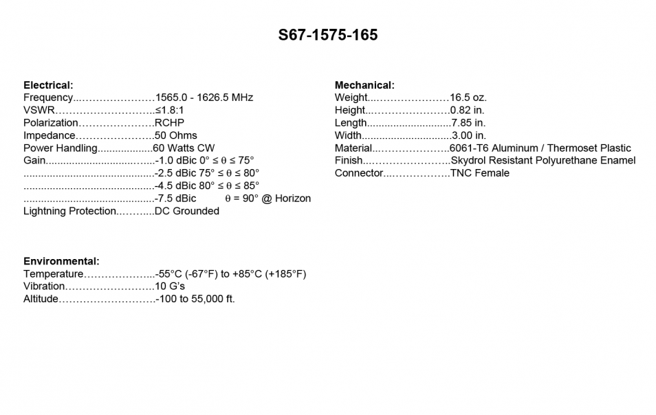 S67-1575-165_Specs - Sensor Systems Inc., Aircraft Antenna