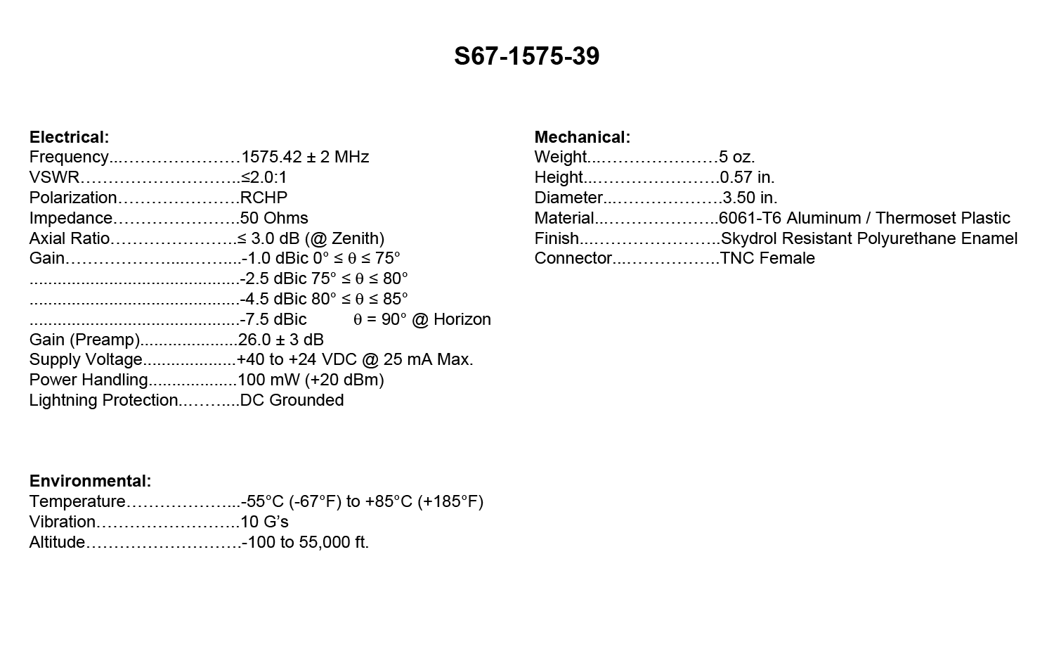 S67-1575-39_Specs - Sensor Systems Inc., Aircraft Antenna