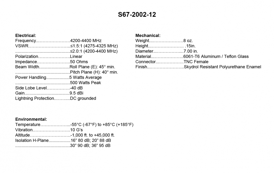 S67-2002-12_Specs - Sensor Systems Inc., Aircraft Antenna
