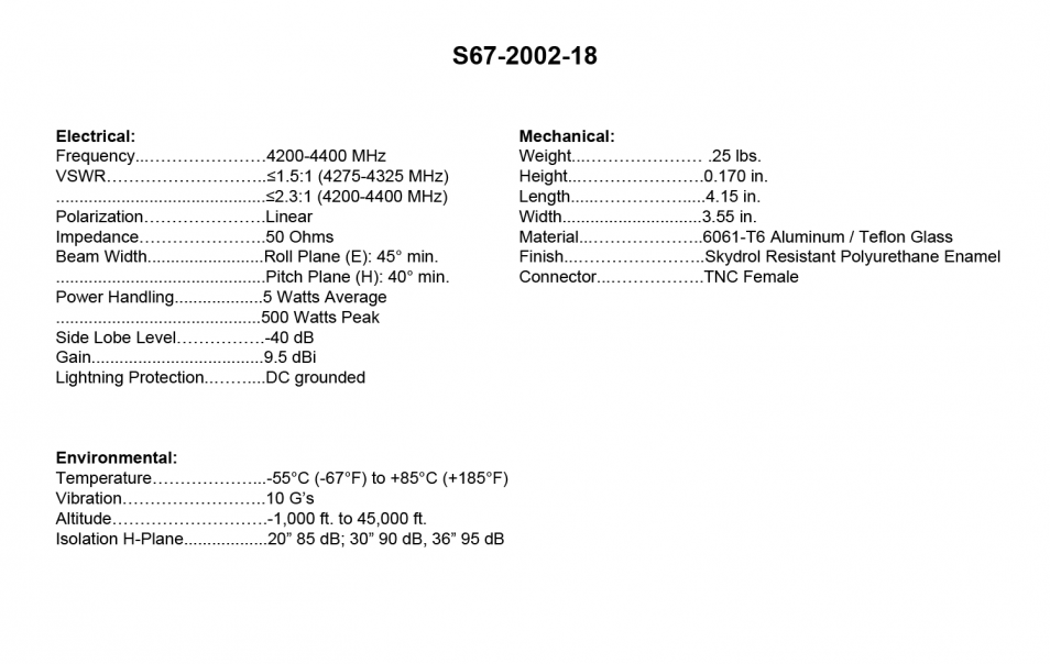 S67-2002-18_Specs - Sensor Systems Inc., Aircraft Antenna