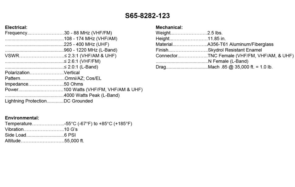 S65-8282-123_Specs - Sensor Systems Inc., Aircraft Antenna
