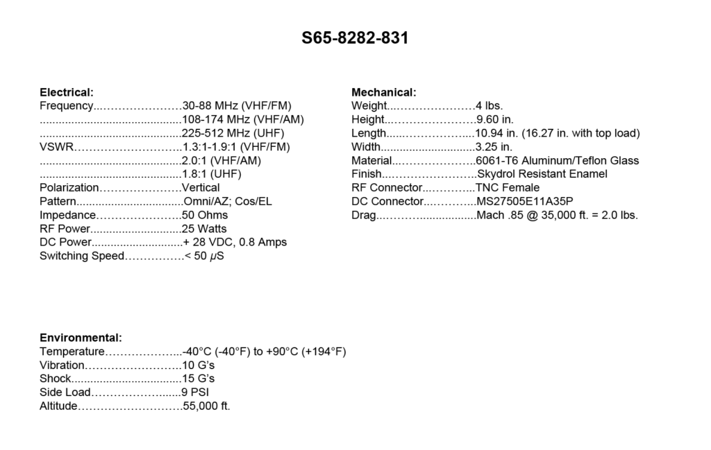 S65-8282-831_Specs - Sensor Systems Inc., Aircraft Antenna