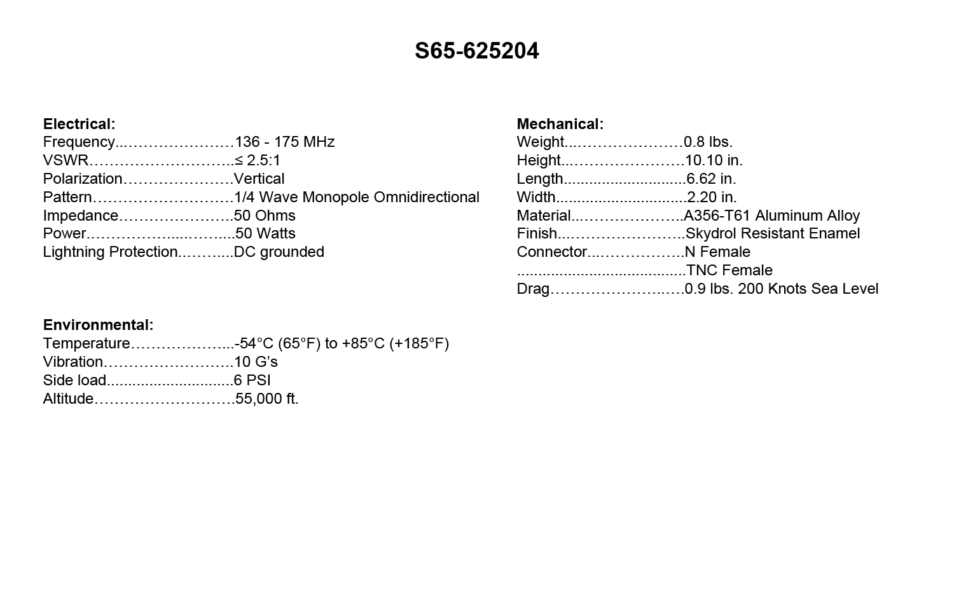 S65-625204_Specs - Sensor Systems Inc., Aircraft Antenna