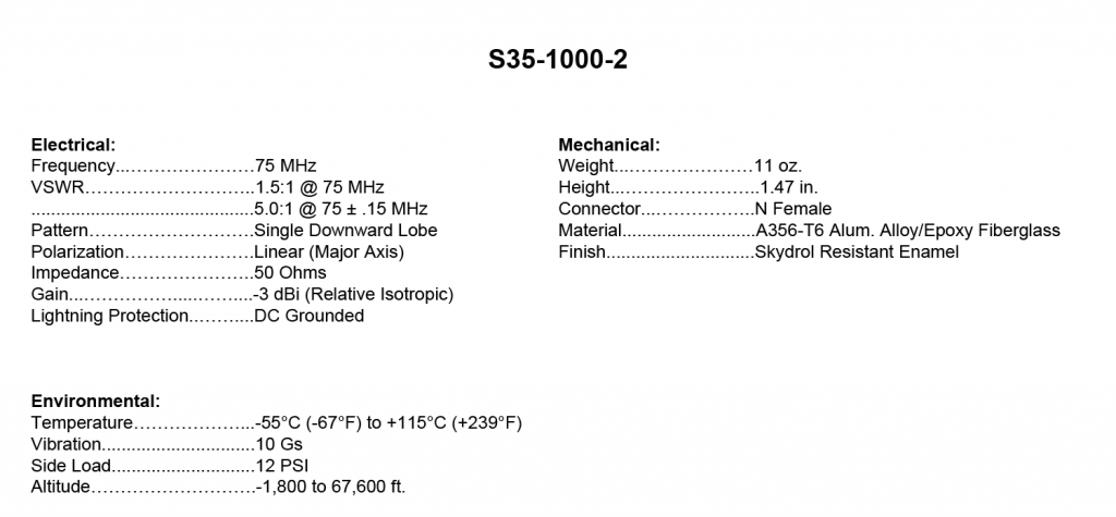 S35-1000-2-specs - Sensor Systems Inc., Aircraft Antenna