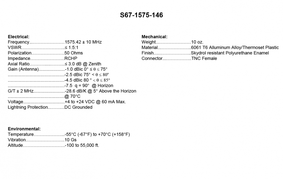 S67-1575-146specs - Sensor Systems Inc., Aircraft Antenna