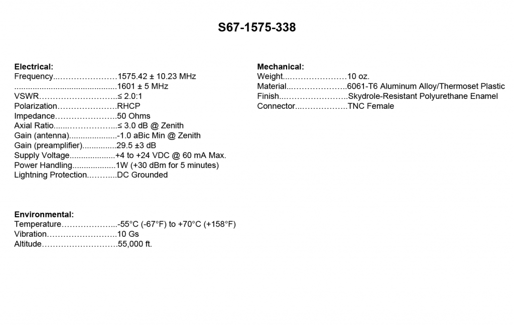 S67-1575-338specs - Sensor Systems Inc., Aircraft Antenna