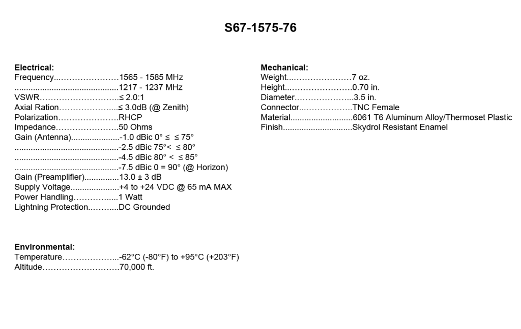 S67-1575-76specs - Sensor Systems Inc., Aircraft Antenna