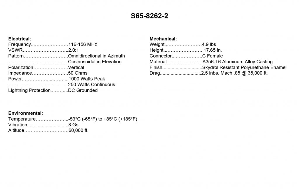 S65-8262-2-specs - Sensor Systems Inc., Aircraft Antenna