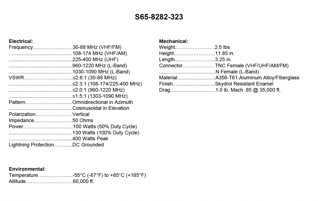 s65-8282-323-specs - Sensor Systems Inc., Aircraft Antenna
